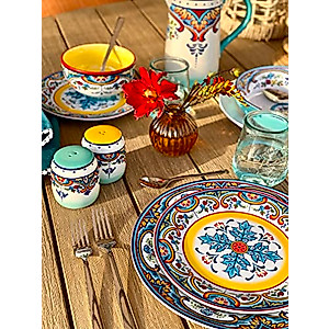 Euro Ceramica Zanzibar Double Bowl 16-Piece Dinnerware Set | Fine Kitchenware | Floral Multicolor Design Stoneware Tableware Service For 4