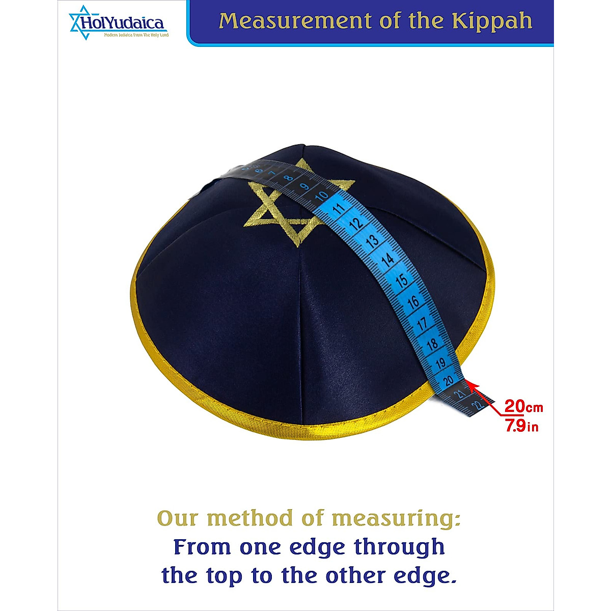Pack of 5-Pcs Hq 20cm Satin/Velvet Kippah with Silver/Gold String+Star of David for Men & Boys, Yamaka Hat from Israel, Kippot Bulk (Blue Gold, Satin)