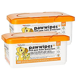 Petkin Paw Wipes Plus, 200 Orange Scented Wipes, 2 Pack - Absorbent Pet Paw Wipes Remove Daily Dirt & Odors - Enriched with Paw Balm Protectant -Easy to Use Pet Wipes for Dogs, Cats, Puppies & Kittens