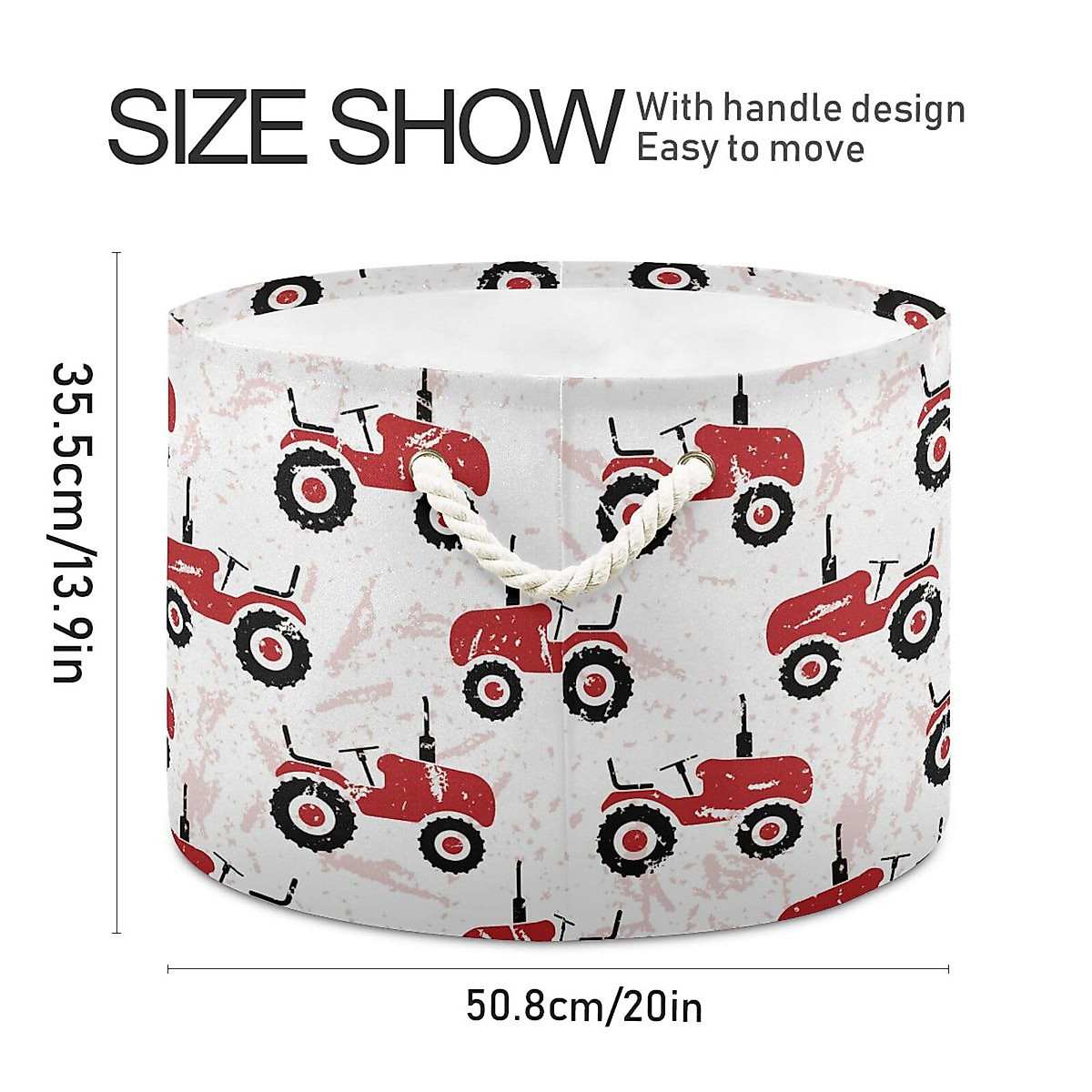 Red Old Wheeled Tractors Round Collapsible Waterproof Storage Bin with Sturdy Handle Decorations for Gift Gift Toys
