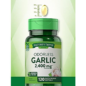 Odorless Garlic 2400 mg | 120 Softgel Capsules | High Strength Extract Pills | Non-GMO, Gluten Free Supplement | by Nature's Truth