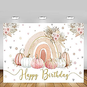 MEHOFOND Autumn Boho Little Pumpkin Backdrop Girl Happy Birthday Party Banner Decorations Thanksgiving Bohemia Rainbow Blush Pink Floral Photography Background 1st Bday Cake Smash Table Supplies 7x5ft