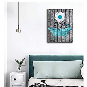 Bathroom Wall Art Daisy Canvas Pictures Modern Flower Bathtub Artwork Rustic Wood Board Background Contemporary Wall Art Decor Bedroom Living Room Office Home Framed Ready to Hang Blue 12" x 16"