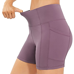 PERSIT Yoga Shorts for Women with Pockets High Wasited Running Athletic Biker Workout Shorts Tight Fitness Gym Shorts Yoga Pants - Purple - L