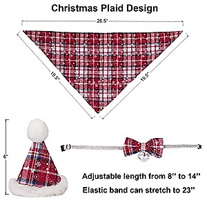 PTDECOR Christmas Dog Bandana Hat Bow, Red Plaid Dog Christmas Hat Scarf Triangle Dog Bibs Kerchief Christmas Bandanas for Small Medium Dogs Pets