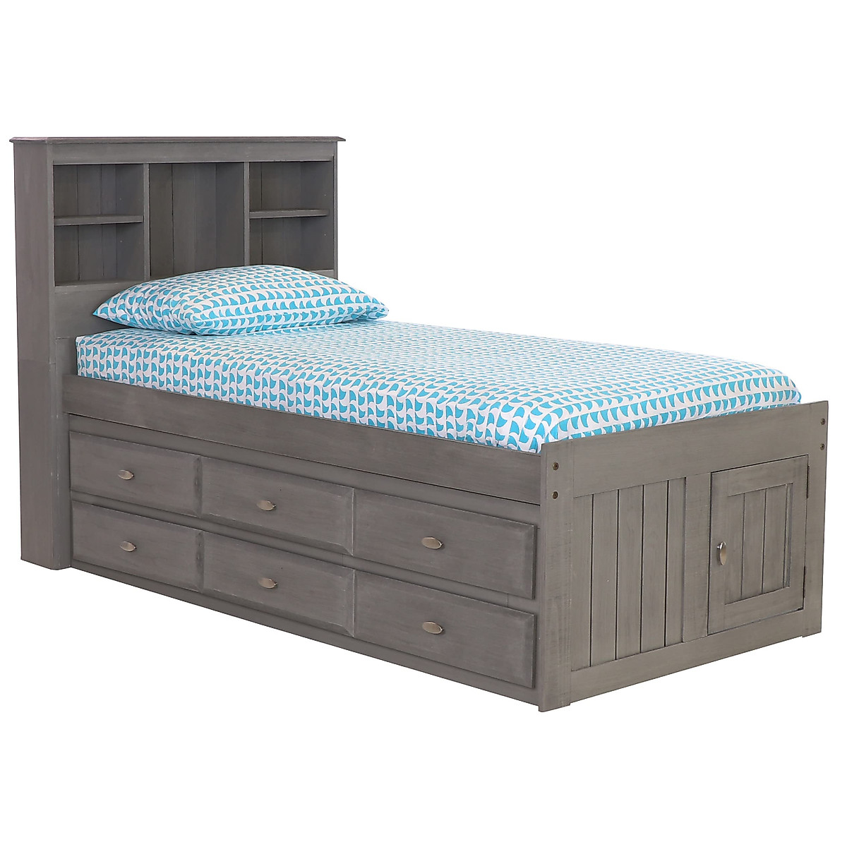 OS Home and Office Furniture Solid Pine Twin Captains Bookcase Bed with 6 Drawers in Charcoal Gray