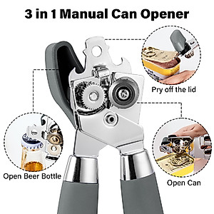 Can Opener Manual, TJ POP Can Opener, Heavy Duty Hand Held Can Openers, Stainless Steel Can Opener Smooth Edge, Easy Turn Knob, with Bottle Opener, Kitchen Gadgets Gray