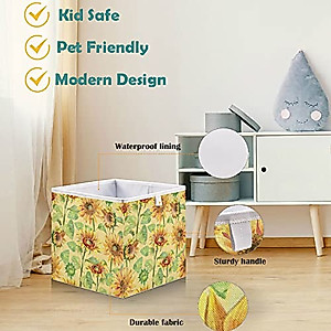 visesunny Closet Baskets Sunflower Yellow Pattern Storage Bins Fabric Baskets for Organizing Shelves Foldable Storage Cube Bins for Clothes, Toys, Baby Toiletry, Office Supply