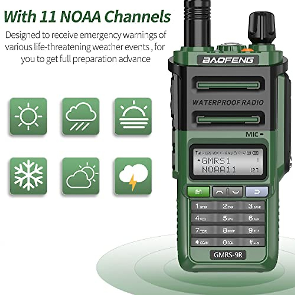 GMRS Radio Baofeng GMRS-9R 5W Rechargeable Two Way Radio for Adults,Waterproof IP67,NOAA Scanning&Receiving with Extra Original Battery,Programming Cable,Tactical Antenna,Speaker Mic,Tactical Bag