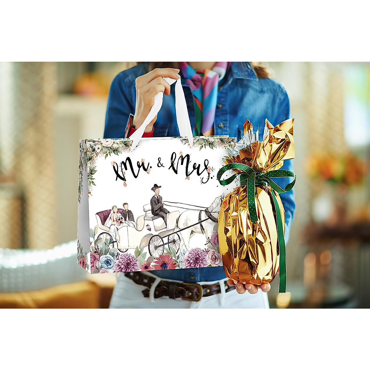 ysmile Wedding Gift Bag with Wrapping Tissue, 12" Bride Gift Bag for Engagement, Anniversary for Women Men Mr Mrs