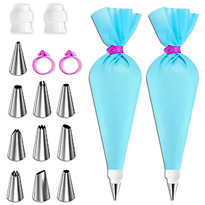 Riccle Reusable Piping Bag and Tips Set - Strong Silicone Icing Bag and Tips - Ideal Icing Piping Kit of 2 Reusable Pastry Bag,2 Coupler, 10 Icing and Frosting Tips with 2 Bag Ties