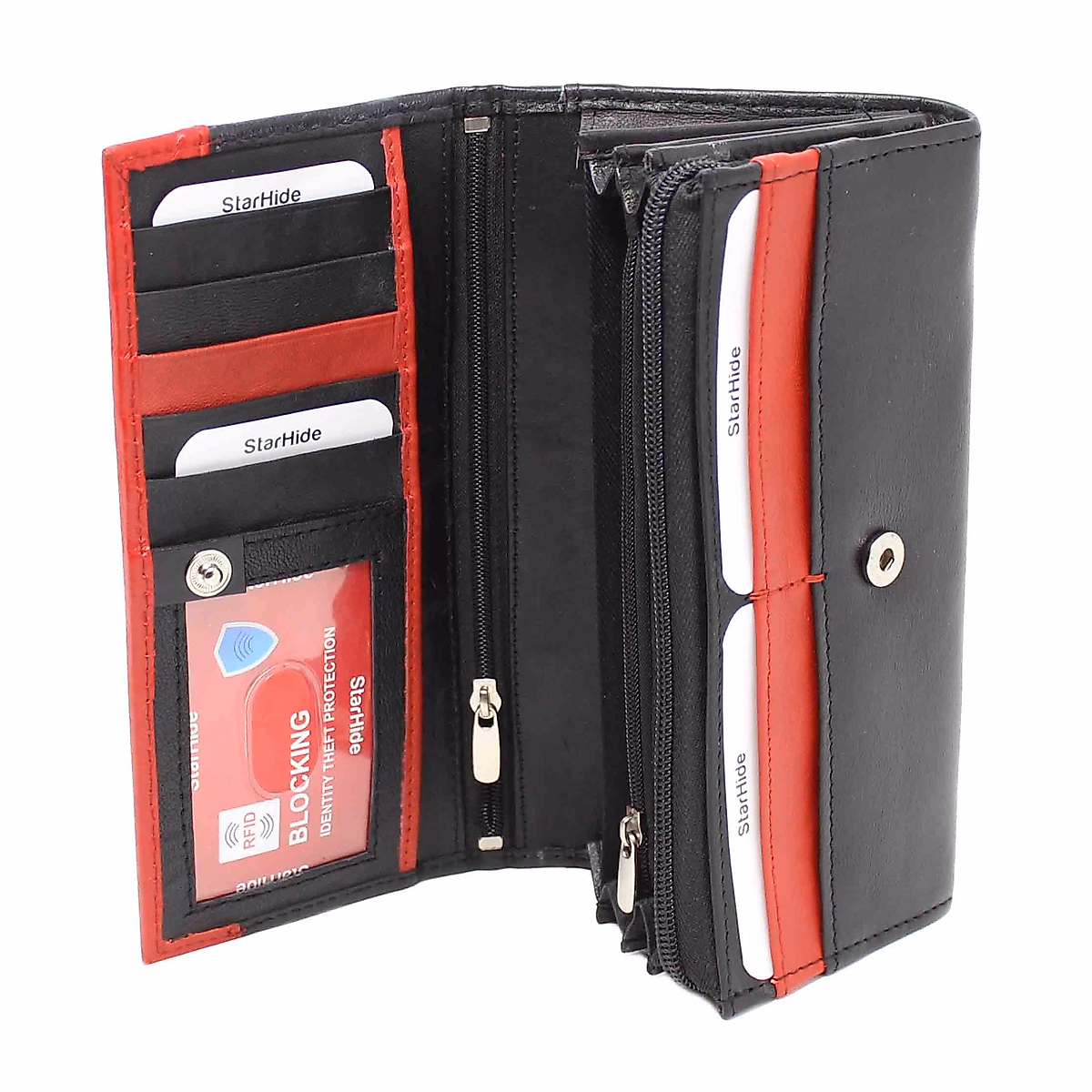STARHIDE Women's Ladies RFID Blocking Luxury Soft Real Napa Leather Clutch Wallet Long Flapover Purse Black Red 370