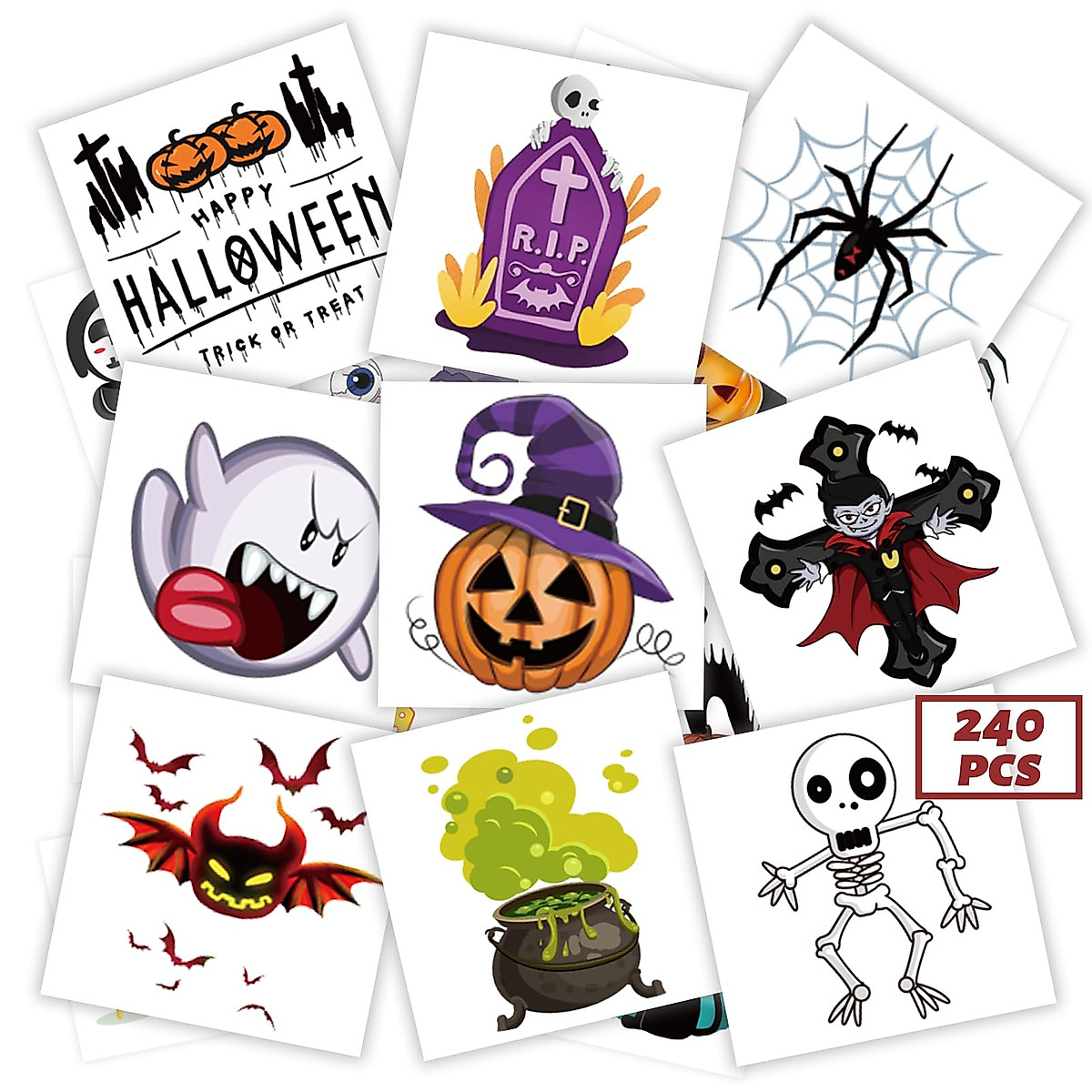 240 PCS Halloween Temporary Tattoos for Kids, Safety Waterproof Bulk Tattoos Stickers, Halloween Prizes Assorted Gifts, Best Choice for Halloween Party Favors, 60 Different Designs Pumpkin Witch Skull