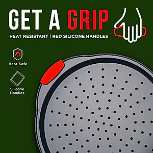 Pizza Tray – 2 Round with Silicone Handles – Carbon Steel Pizza Pan with Holes and Non-Stick Coating – PFOA PFOS and PTFE Free by Bakken