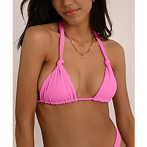 Halter String Bikini Set Sexy Thong Cheeky Two Piece Swimsuits Solid Color Bathing Swimwear Baby Pink S