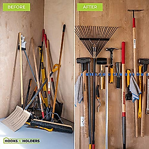 Tool Organizers and Storage 12 Slots and 6 Hooks Wall Mounted Garden Tool Rack, Garden Tool Organizer, Broom Holder Wall Mount, Garage Tool Organization and Storage, Industrial Steel Hooks N Holders