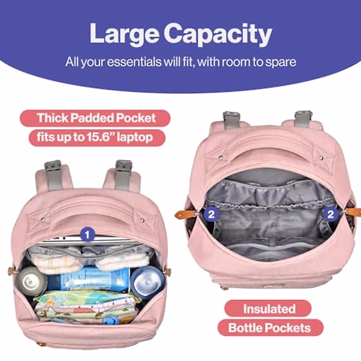 BabbleRoo Diaper Bag Backpack, Travel Backpack with Changing Pad, Pacifier Case & Stroller Straps, Multifunction, Waterproof, Unisex – Pink