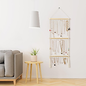 UREYMX Hanging Jewelry Organizer Macrame Necklace Holder, with 30 Hooks, Over Door Necklace Rack, Wall Mounted Jewelry Hanger with Tassel Boho for Necklace Headband Bow Earring Bracelet