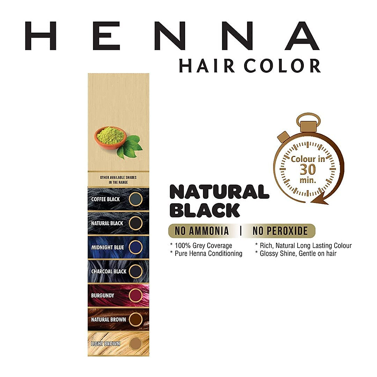 30 Minute Enriched with Herbs Semi Permanent Powder - Harsh Chemical Free Black Hair Dye for Men and Women (Natural Black)