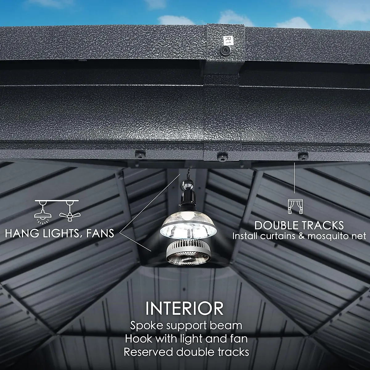 Kozyard Caesar 10'x12' Hardtop Gazebo - Permanent Metal Pavilion with Netting and Shaded Curtains for Patio, Backyard, and Deck - Galvanized Steel Outdoor Aluminum Canopy, Double Roof Gazebo (Grey)