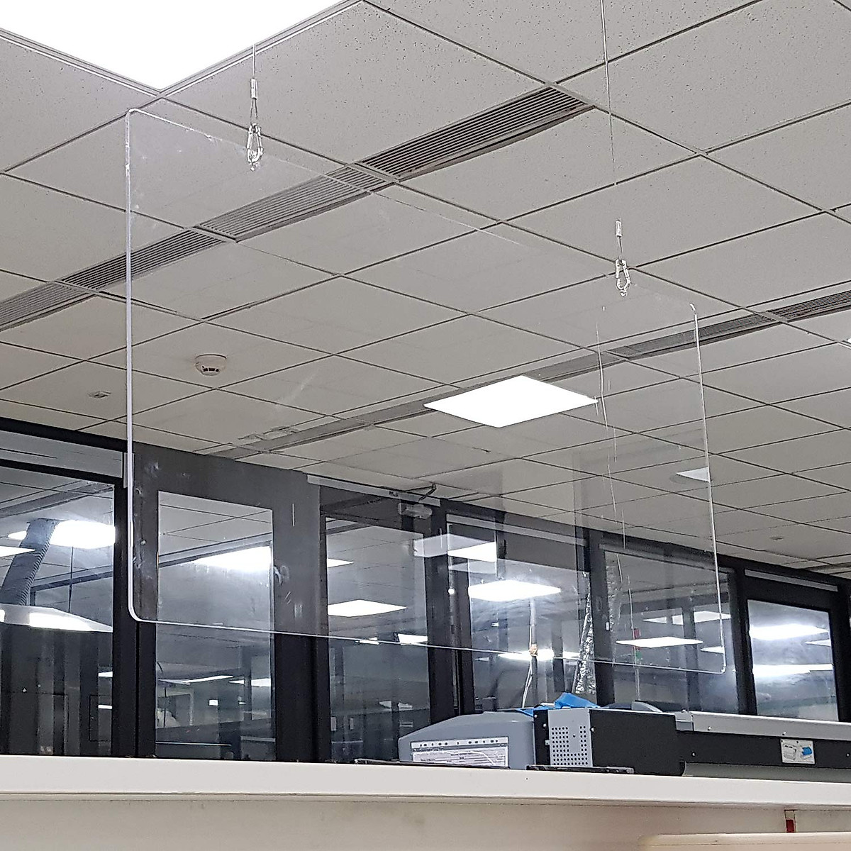 BannerBuzz Hanging Sneeze Guard Clear Acrylic Barrier 5mm Thickness, Easy to Install - Cough Guard Plastic Shield Screen for Retail Stores, Cashier, Receptionist (40" x 32")