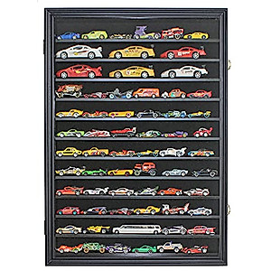 Hot Toy Cars Wheels Matchbox Model Cars Hot Display Case Cabinet UV Protection 1/64-1/43 Scale (Black Finish) 26.5 X 18.75 X 3.25 Inches