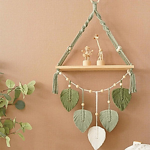 Tefola Macrame Wall Hanging Shelf, Boho Hanging Wall Decor Boho Shelf Woven Leaf Tapestry Shelf Boho Bookshelf Wood Floating Shelf for Bedroom Living Room Nursery Bathroom