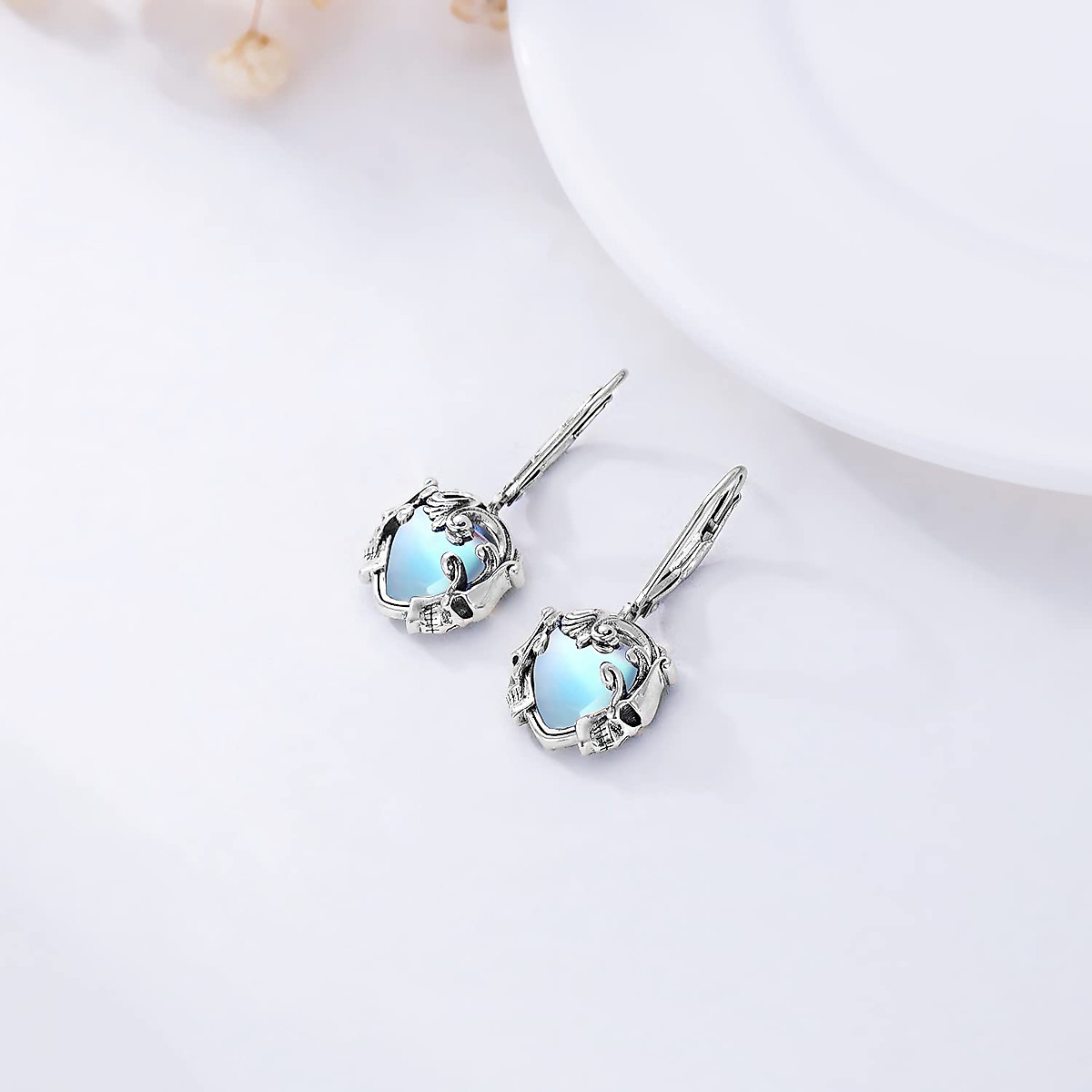 Heart Gothic Skull Head Dangle Earrings for Women S925 Sterling Silver Punk Dangling Earrings with Synthetic Moonstone Halloween Jewelry Gifts