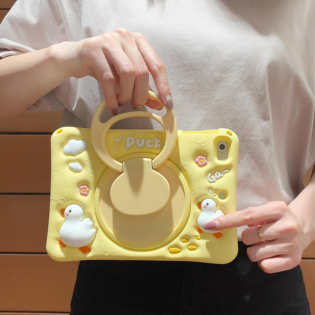 Silicone Yellow Duck Pattern Tablet Case with Lanyard and Built-in Foldable Stand Kickstand Shockproof Cover Case for Samsung Galaxy Tab A8 10.5 2021 X200/X205