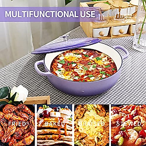EDGING CASTING Enameled Cast Iron Dutch Oven Shallow Casserole Braiser with Dual Handle, 3.8-QT, Purple