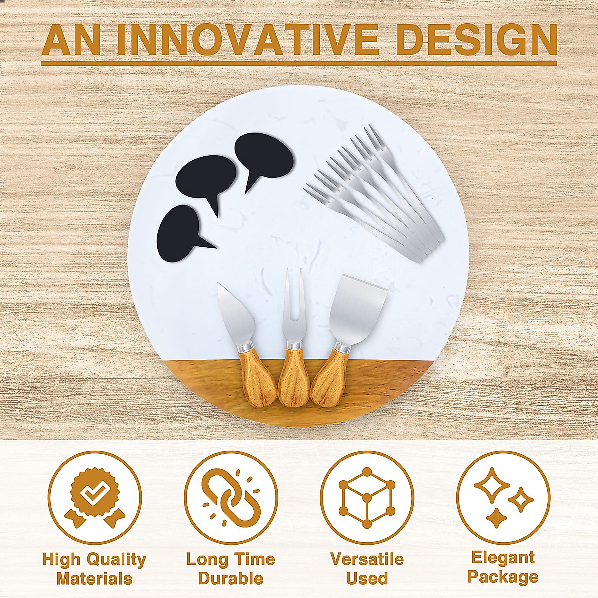 Cheffer Marble and Wood Cheese Board – Simple and Classy Round Charcuterie Boards with Cheese Knife Set, Cheese Marker, Forks – Acacia Wooden Board Serving – Sustainable Materials – 30cm