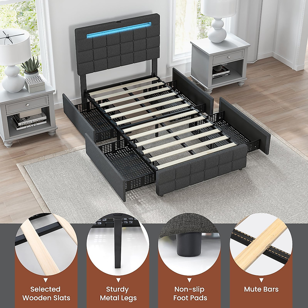 Giantex Twin Bed Frame with LED Lights and 4 Drawers, Upholstered Platform Bed Frame with USB Ports, Tufted Adjustable Headboard Design, Solid Wooden Slat Support, No Box Spring Needed