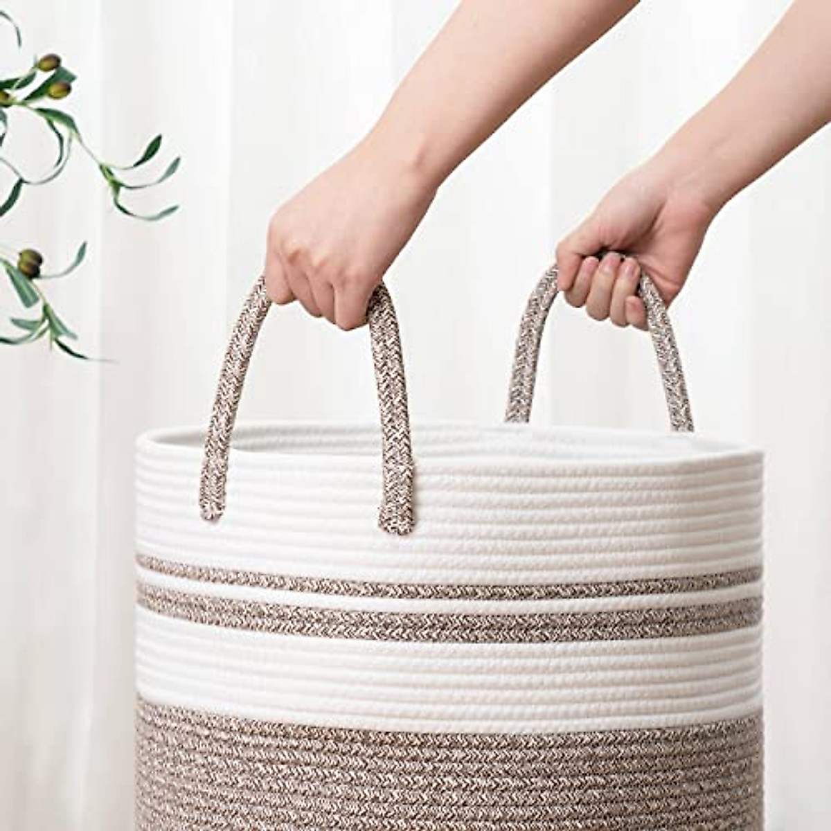 CHICVITA Baby Nursery Laundry Hamper, Tall Woven Rope Laundry Basket with Handle for Clothes, Towels, Toys, Blankets, Jute Basket Decor for Living Room, 15 x 20 inches, 58L White & Brown