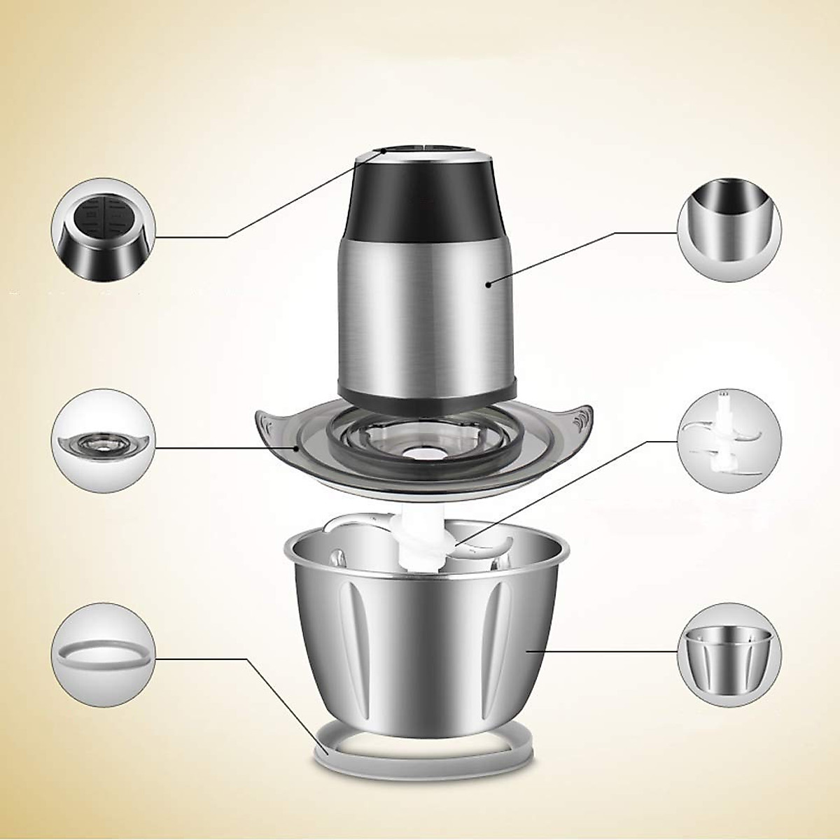 DNATS Metal Meat Grinder-Food Chopper, Electric Meat Grinder 2L Stainless Steel Food Processor for Baby Food, Meat, Vegetables， Stainless Steel Bowl