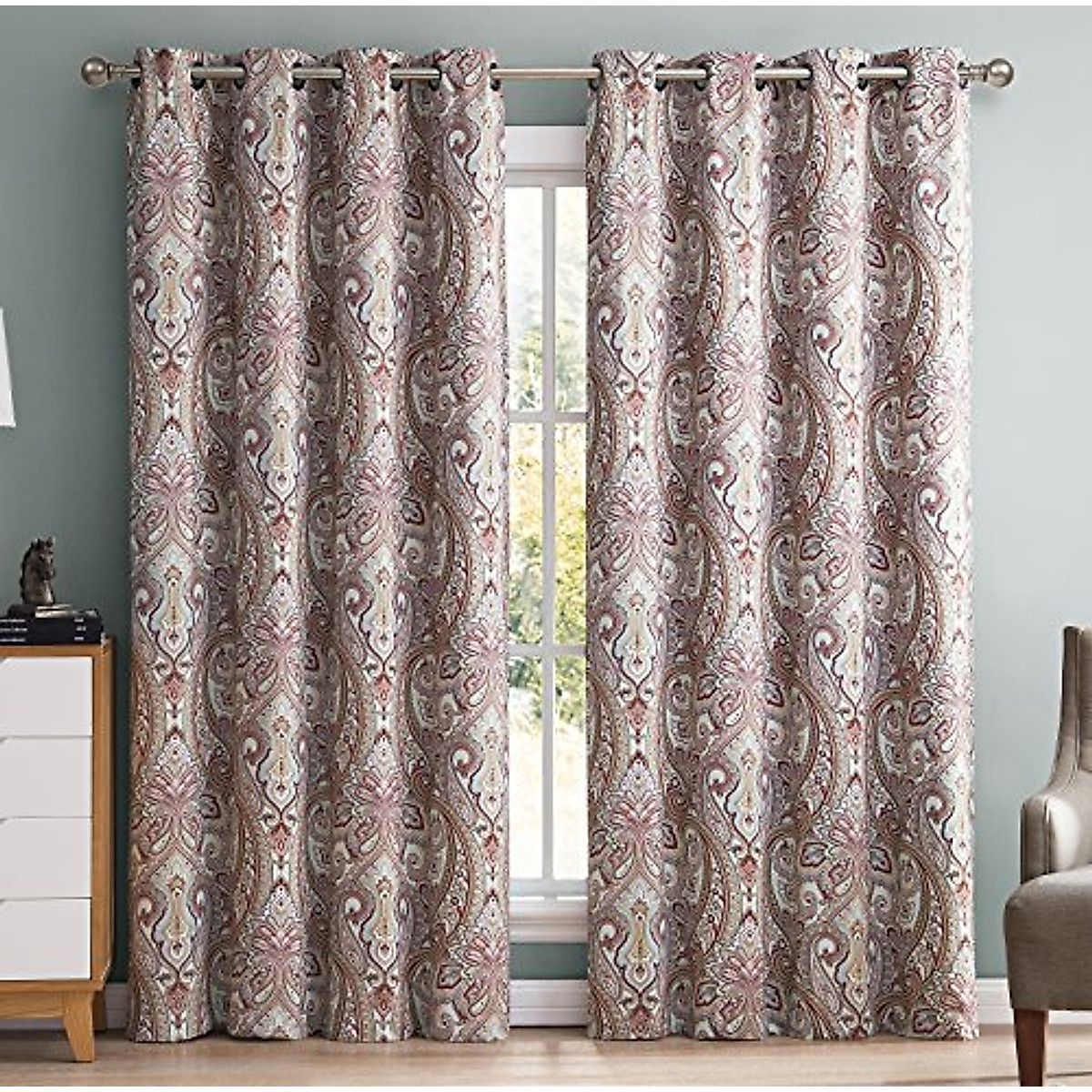 HLC.ME Paris Paisley Decorative Pattern Print Damask Pattern Thermal Insulated Semi-Blackout Energy Savings Room Darkening Grommet Window Curtain Panels for Bedroom - Set of 2 (50 W x 84 L, Spice Red)