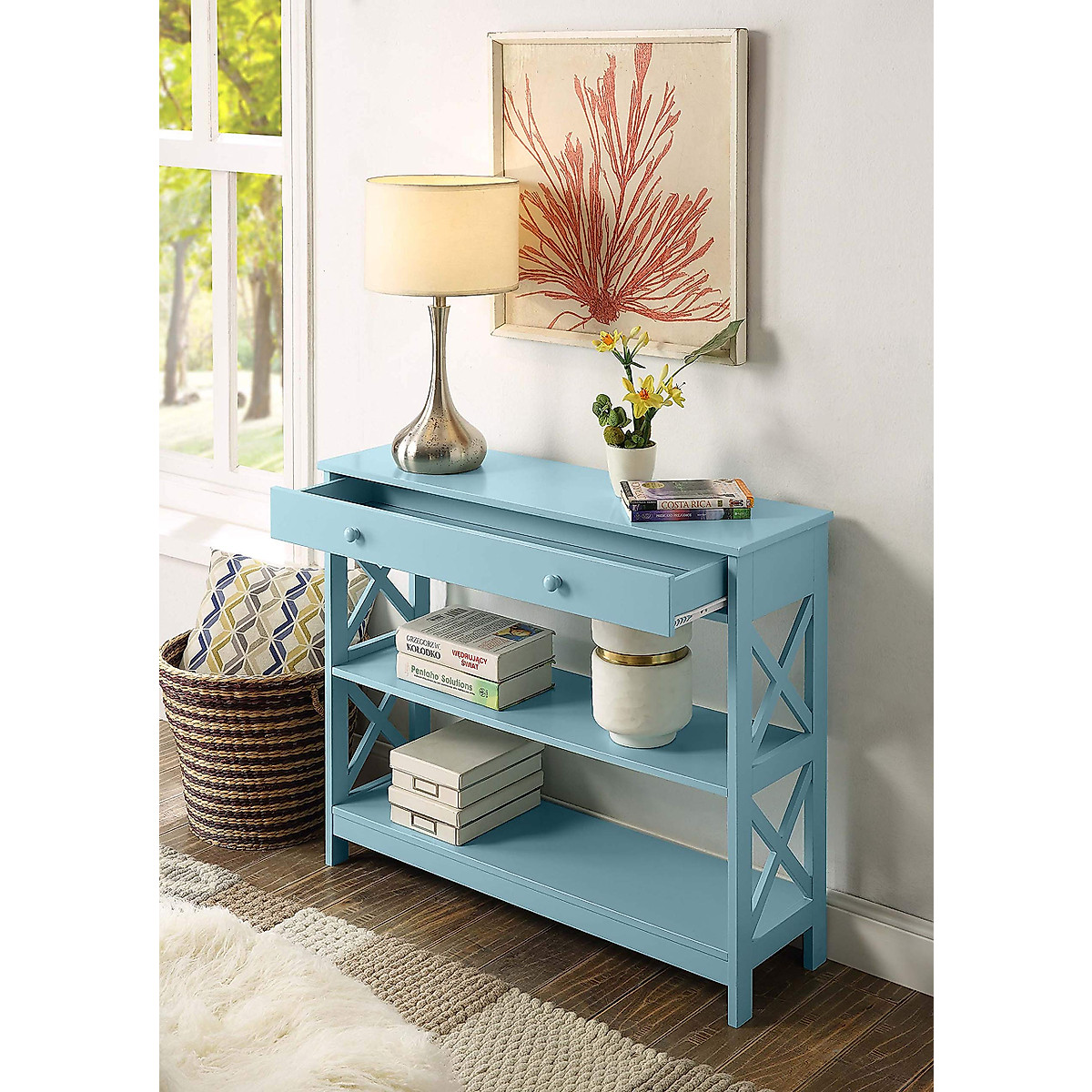 Convenience Concepts Oxford 1 Drawer Console Table with Shelves, Sea Foam Blue