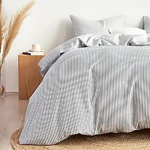 Wake In Cloud - Striped Comforter Set, 100% Cotton Fabric, Ticking Stripe Vertical Pinstripe Neutral Farmhouse Aesthetic, 3 Pieces Bedding Set, Gray, Queen Size