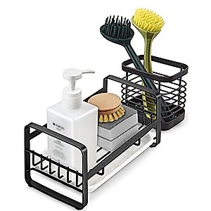 YVMVDV Kitchen Sink Caddy Sponge Holder for Sink, 304 Stainless Steel Sink Caddy Organizer with Drain Pan,Kitchen Organizer Soap Brush Dispenser with Brush Dishrag Holder Rack (Black)