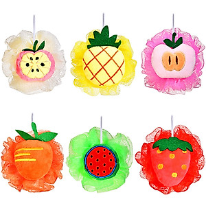 6 Pieces Cute Fruit Bath Shower Sponge Loofahs Mesh Pouf Shower Ball Colorful Cartoon Body Scrubber Balls Shower Mesh for Kids Adults