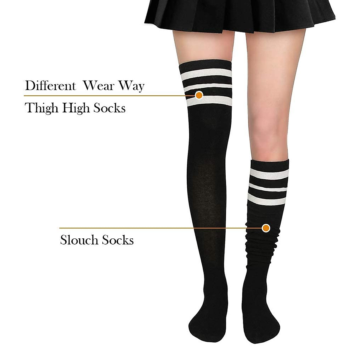 Zando Women Stripe Tube Dresses Over the Knee Thigh High Stockings Cosplay Socks Black