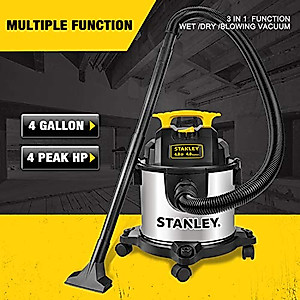 STANLEY 4 Gallon Wet Dry Vacuum, 4 Peak HP Stainless Steel 3 in 1 Shop Vacuum Blower with Powerful Suction, Vacuum for Job Site, Garage, Basement, Workshop, Top Handle, Portable Wet Dry Vac SL18301-4B
