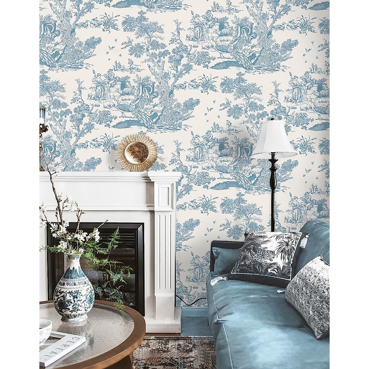 Peel and Stick Wallpaper Blue and White Wallpaper Toile Removable Self-Adhesive Wallpaper for Bedroom Bathroom Vintage Contact Paper for Walls Covering 16In×78.7In