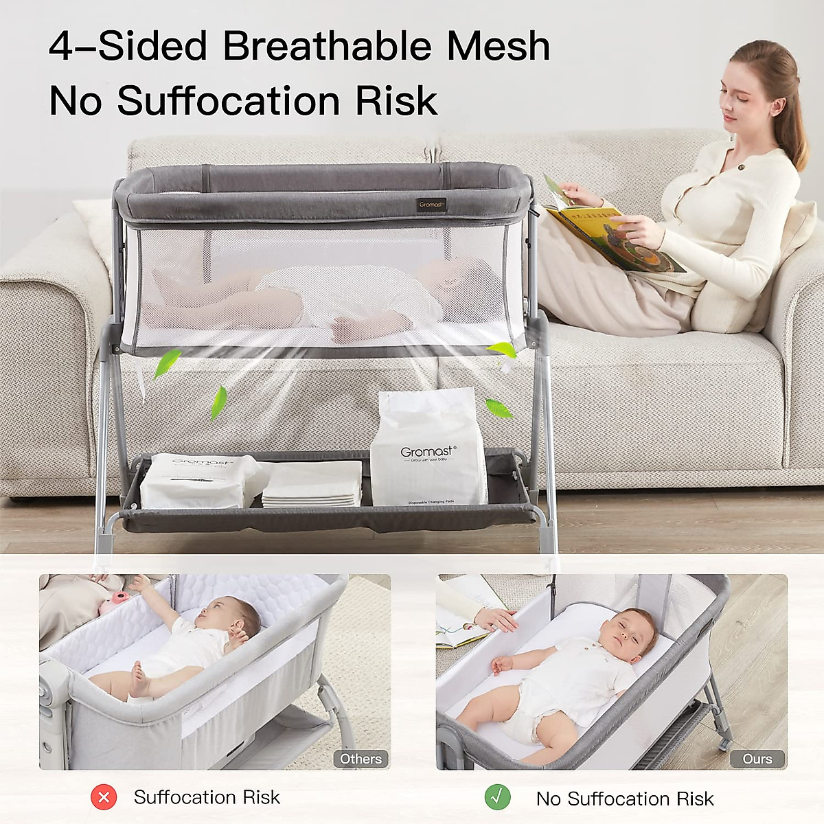 Baby Bassinets,Bedside Sleeper for Baby, Easy Folding Bedside Crib 7 Height Adjustable with All Mesh Baby Bed for Infant Newborn Girl Boy (Light Grey)