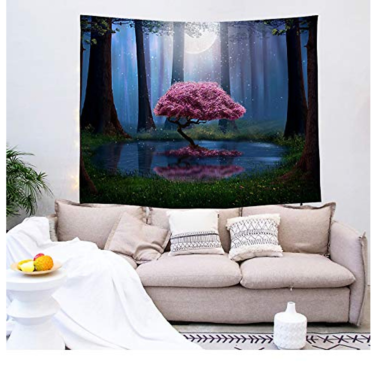 Amiiba Magical Cherry Tree Wall Tapestry Psychedelic Forest and Moon Tapestry Wall Hanging Moonlight Romantic Home Decoration for Bedroom Living Room (Cherry, M - 59"x51")