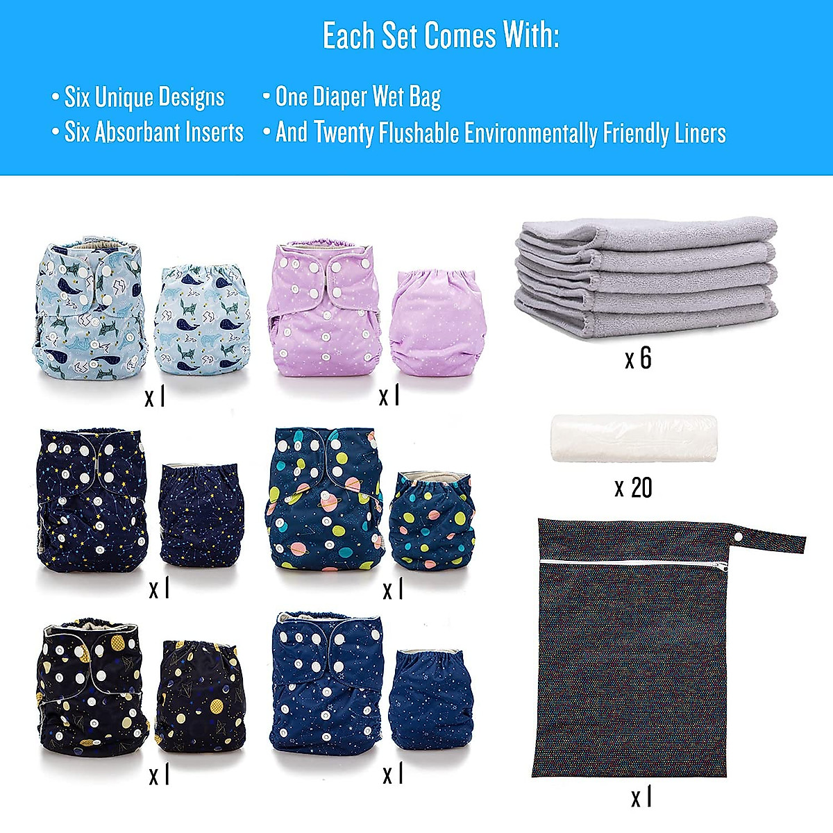 Simple Being Reusable Cloth Diapers, Double Gusset, One Size Adjustable, Washable Soft Absorbent, Waterproof Cover, Eco-Friendly Unisex Baby Girl Boy, six 4-Layers Microfiber Inserts (Constellations)
