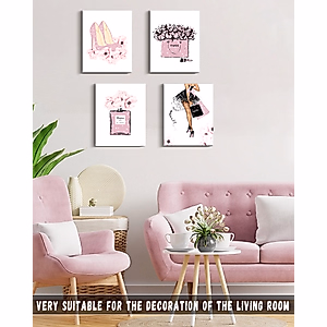 Drsoum Glam Pink Fashion Wall Decor,Woman Makeup Framed Wall Art,Hot Pink Girly Room Decor,Perfume Handbags High Heels Lipstick Wall Paintings Set of 4, 8x10 in (Framed)
