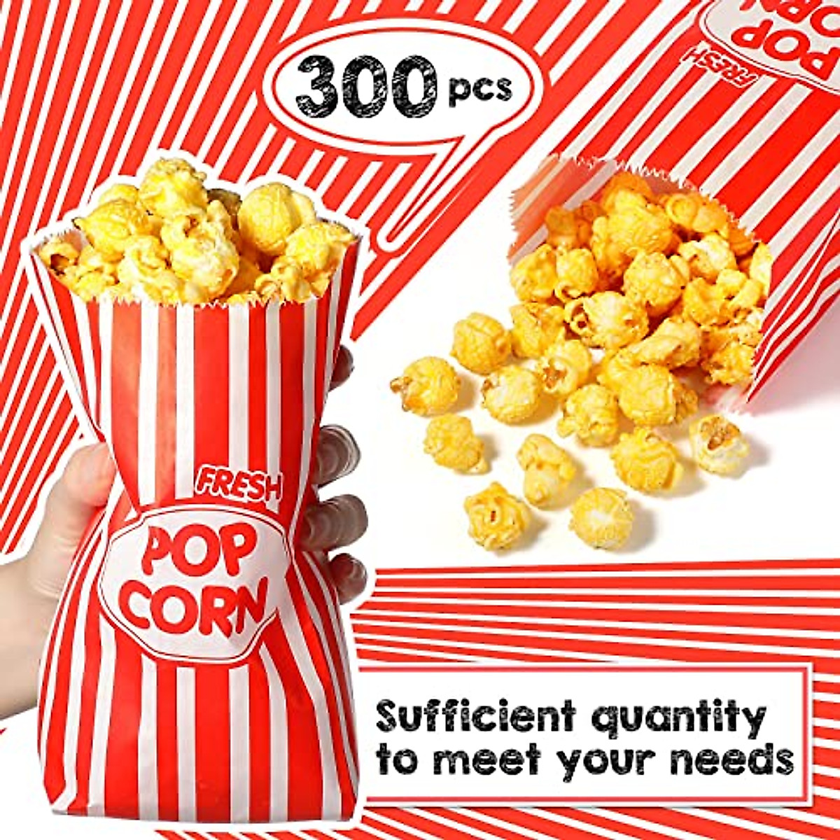 300 Pcs Popcorn Bags Popcorn Boxes Paper Red and White Movie Popcorn Bags for Carnival Movie Theme Party Supplies(3.54 x 2.36 x 8.27 Inches)