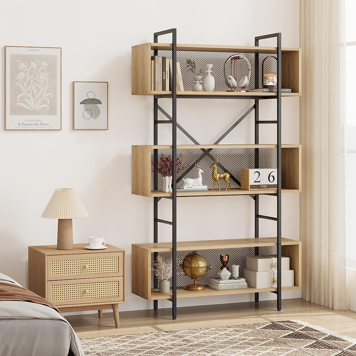 IDEALHOUSE 6 Tier Bookshelf with Storage, 71.3 Inch Tall Industrial Book Shelf with Open Display Bookshelves, 6 Shelf Bookcase with Metal Frame for Living Room, Bedroom and Home Office-Burlywood