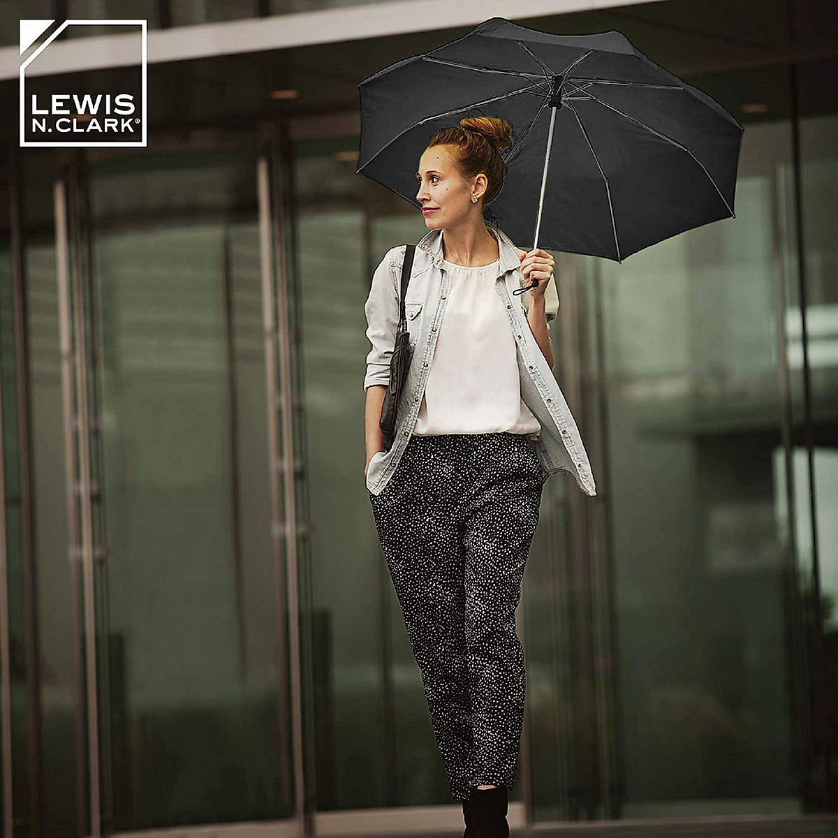 Lewis N. Clark Travel Umbrella: Windproof & Water Repellent Fabric Automatic Open Close , Black