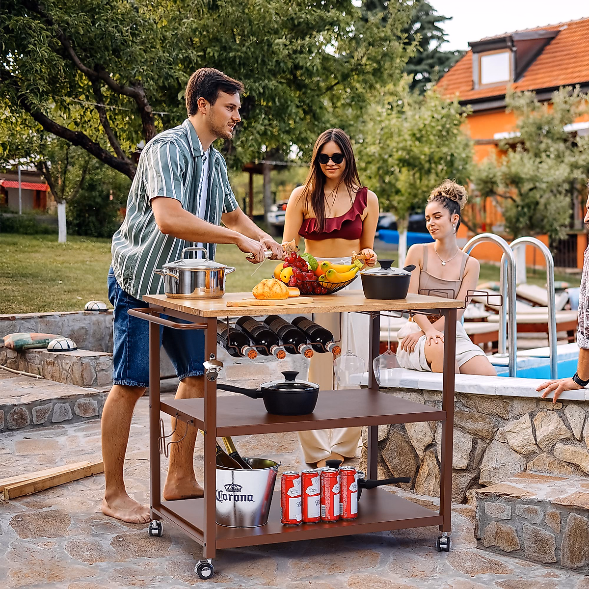 kognita Pizza Oven Table 35.5" Outdoor Grill Table with 4 Wheels, Rubberwood Outdoor Bar Cart Dining Prep Table with Wine and Glasses Rack,Garbage Bag Holder,Bottle Opener and Gas Tank Hook